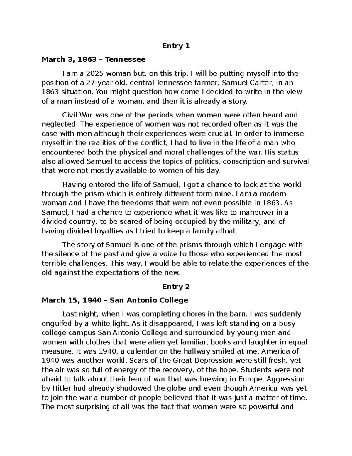 Tia Jones Journal Entries: Perspectives from 1863 & 1940 - Studocu