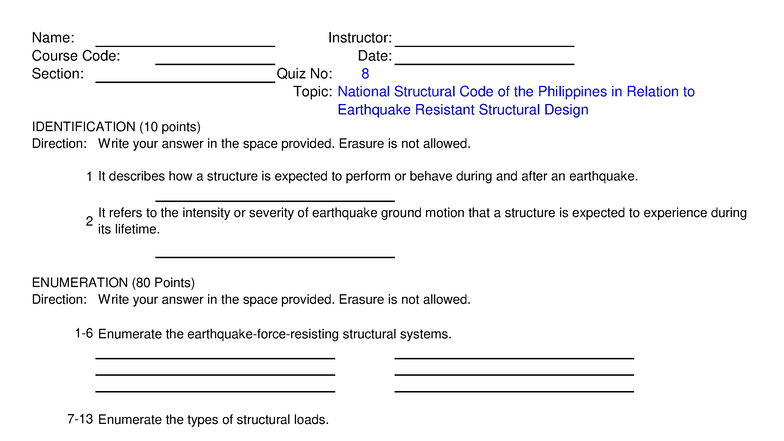Quiz No. 8: National Structural Code & Earthquake Design ABC1 - Studocu