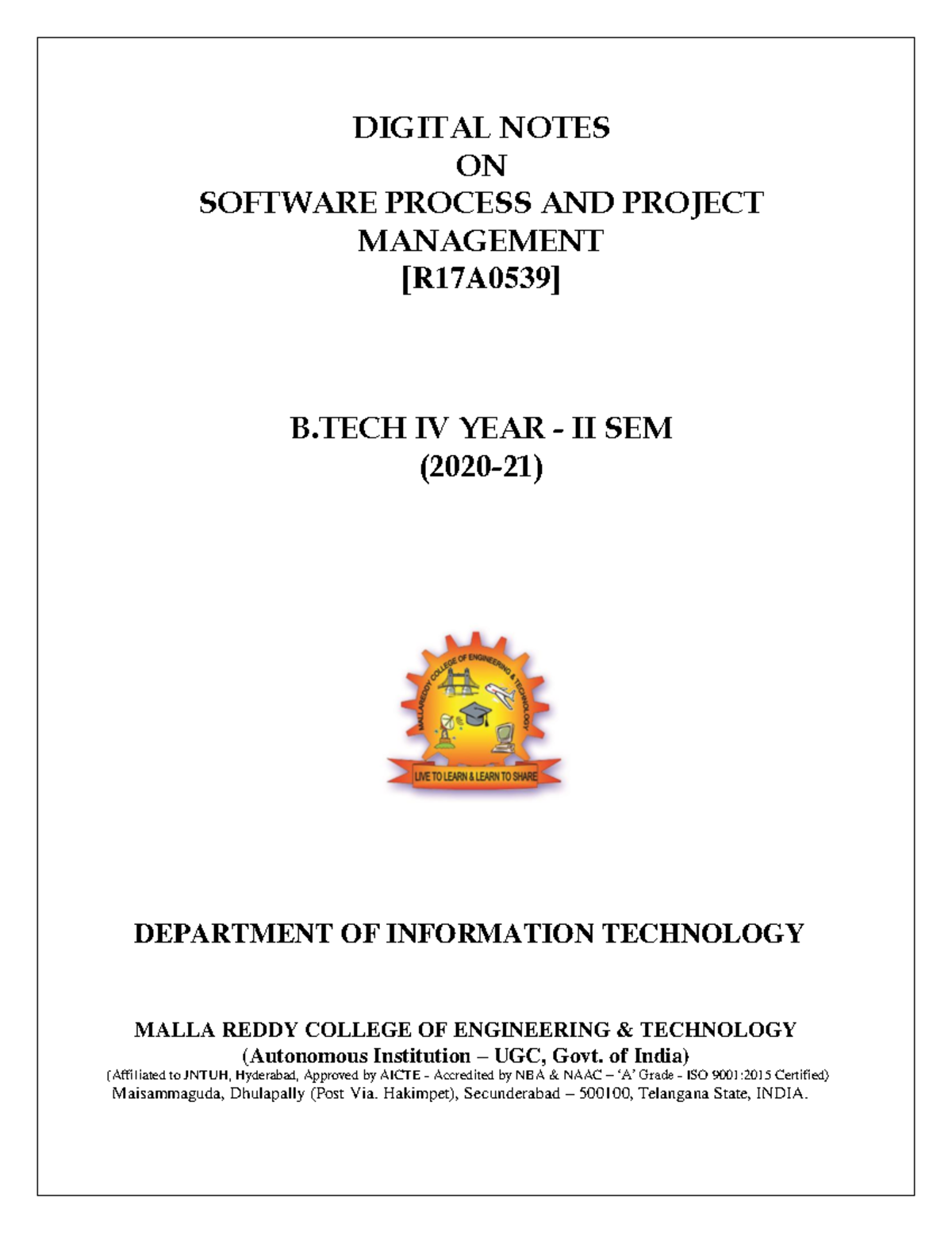 SPPM - DIGITAL NOTES ON SOFTWARE PROCESS AND PROJECT MANAGEMENT ...