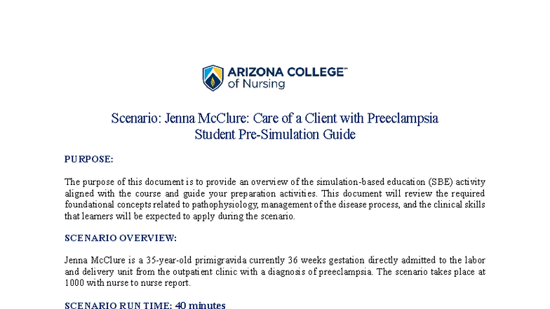 NUR 302: Jenna McClure - Preeclampsia Client Care Simulation Guide ...