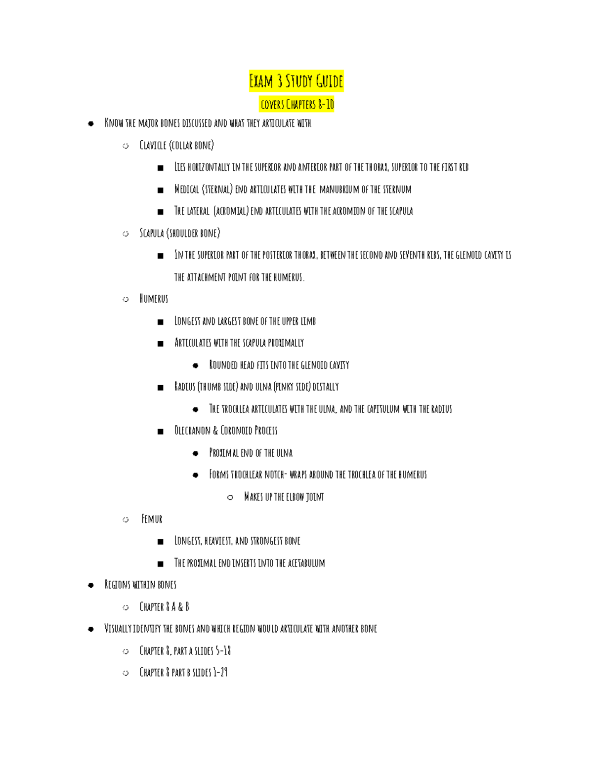 Exam 3 Study Guide: Major Bones & Joints Overview - Studocu
