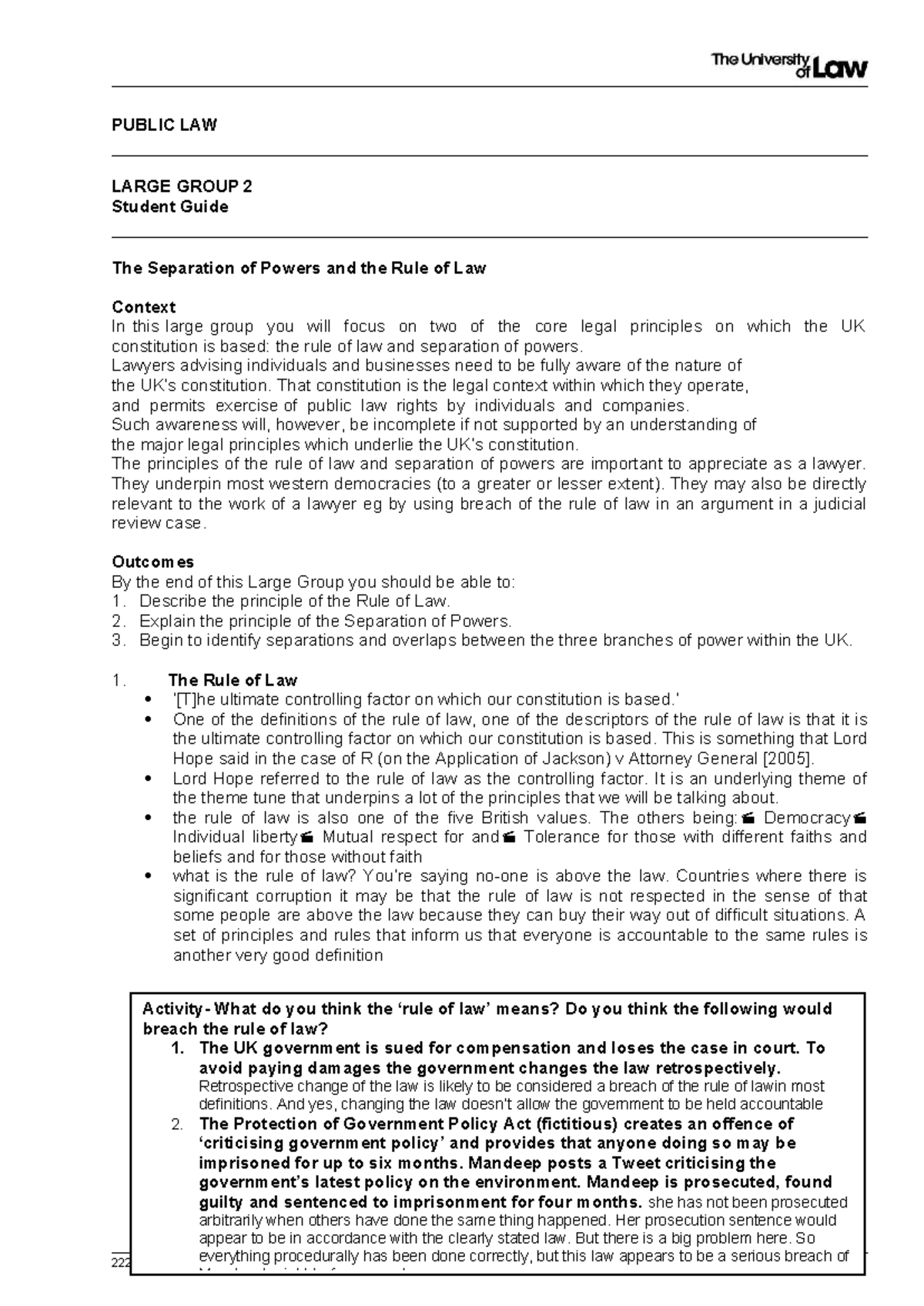 PUBLIC LAW LG2 - Lecture Notes on Separation of Powers & Rule of Law ...