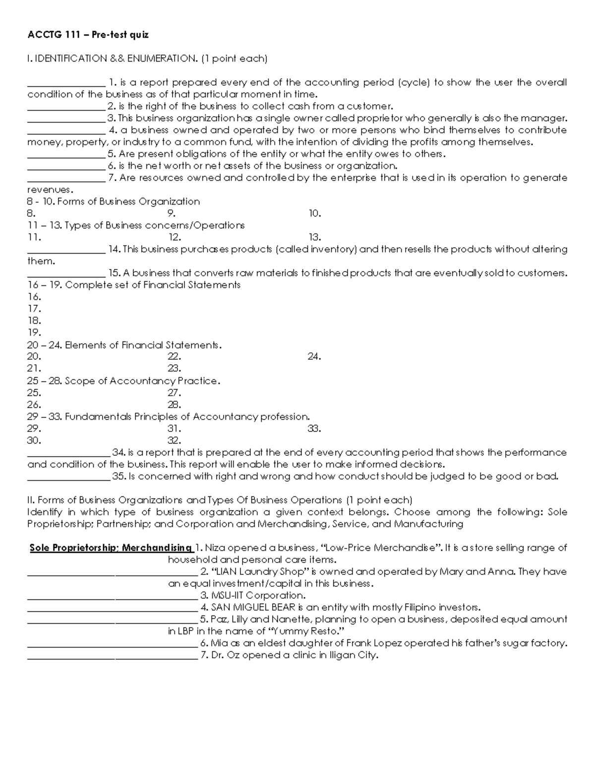 ACCT 111 - Pre-Test Quiz on Basic Accounting Concepts - Studocu