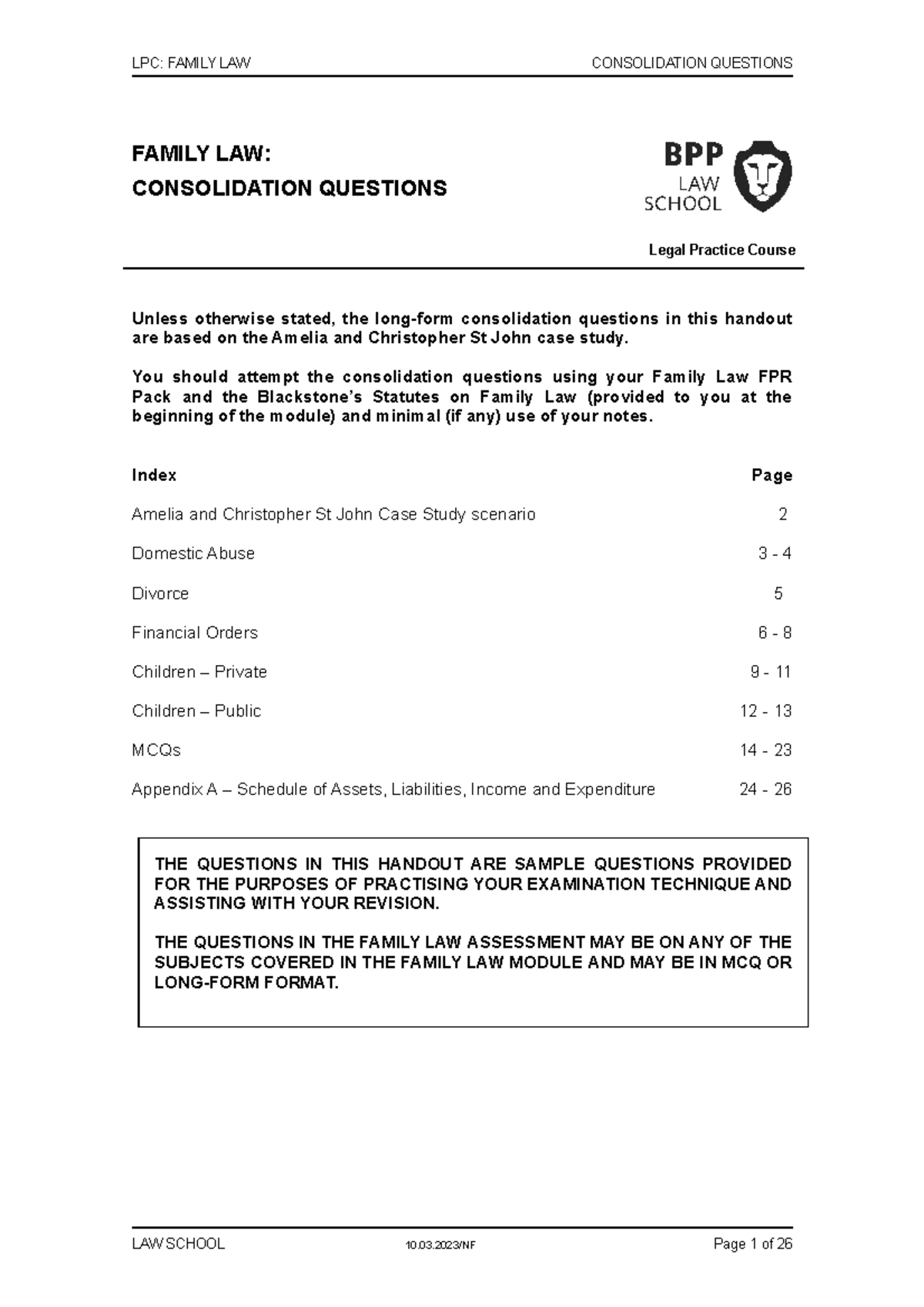 LPC: Family Law Consolidation Questions 2022-23 Study Guide - Studocu
