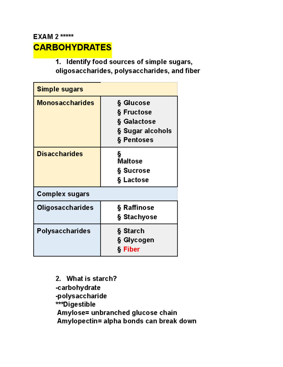 Nutr251 exam 2 study guide - EXAM 2 ***** CARBOHYDRATES Identify food ...