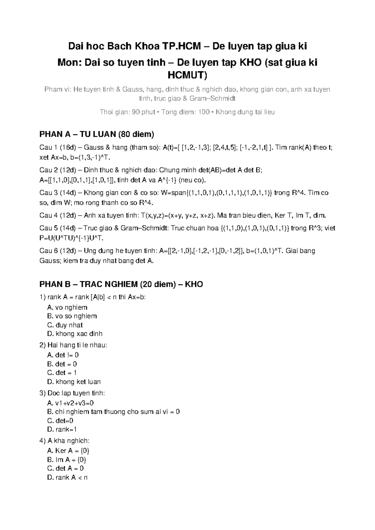 HCMUT Linear Algebra Midterm Practice Exam KHO - Studocu