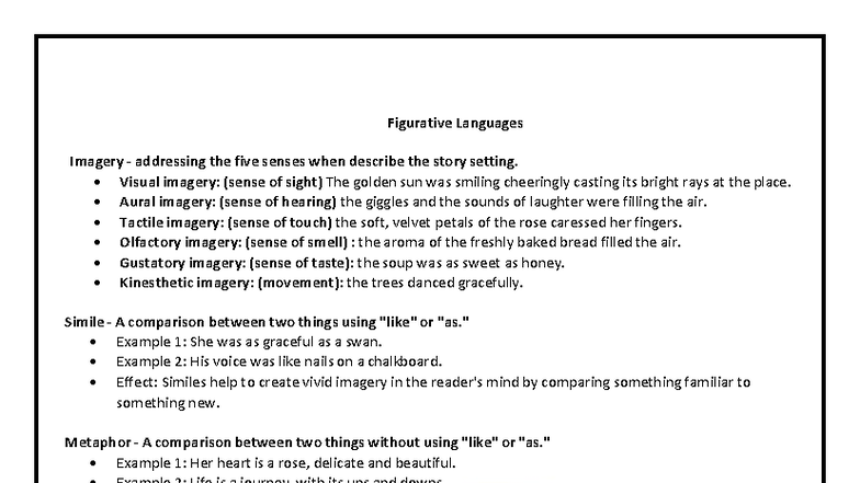 Figurative Language and Imagery: Exploring the Five Senses in ...