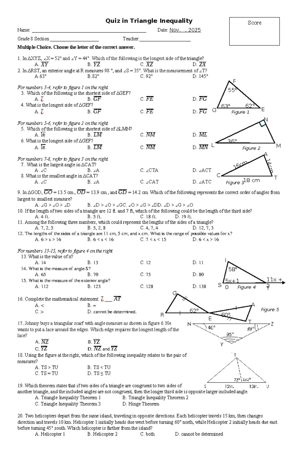 Q3 LQ1 - Triangle Inequality Quiz for Grade 8 - Studocu