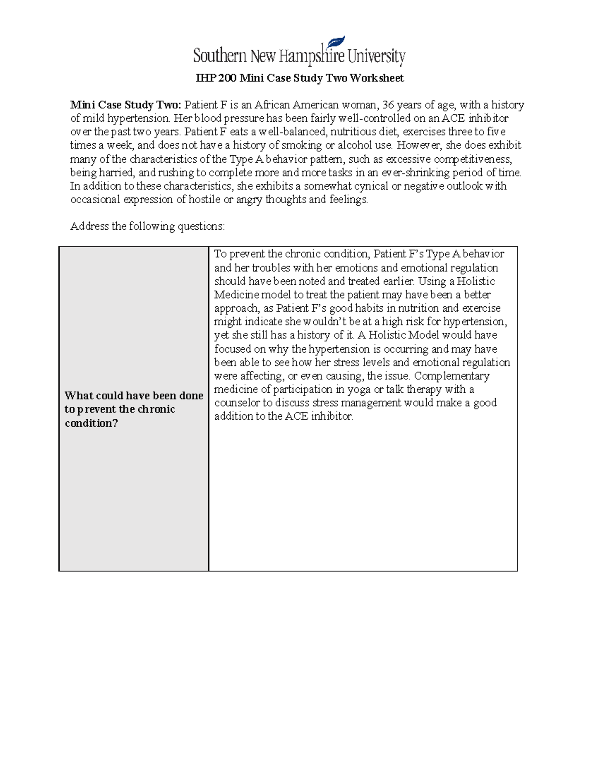 IHP 200 Mini Case Study 2: Addressing Patient F's Hypertension Issues ...