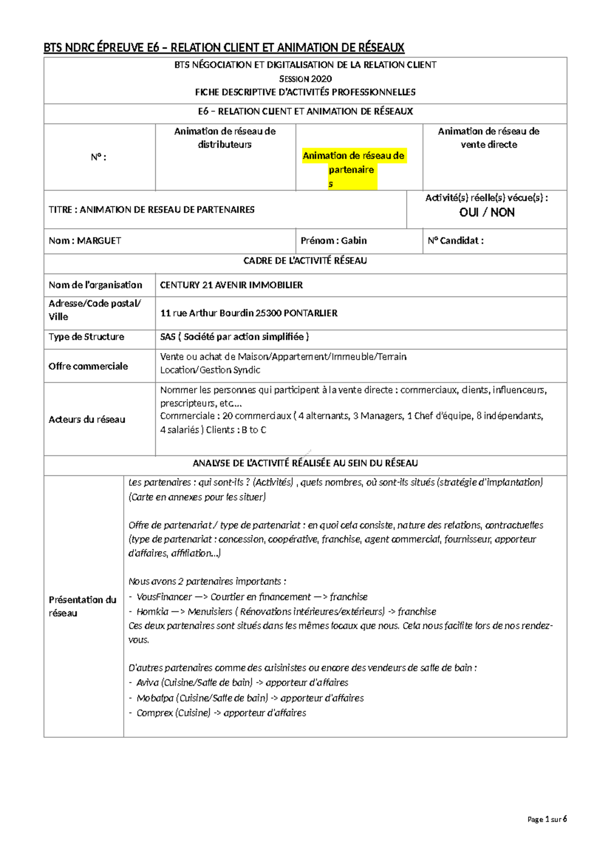 BTS NDRC E6 - Animation de Réseau de Partenaires 2020 - Studocu