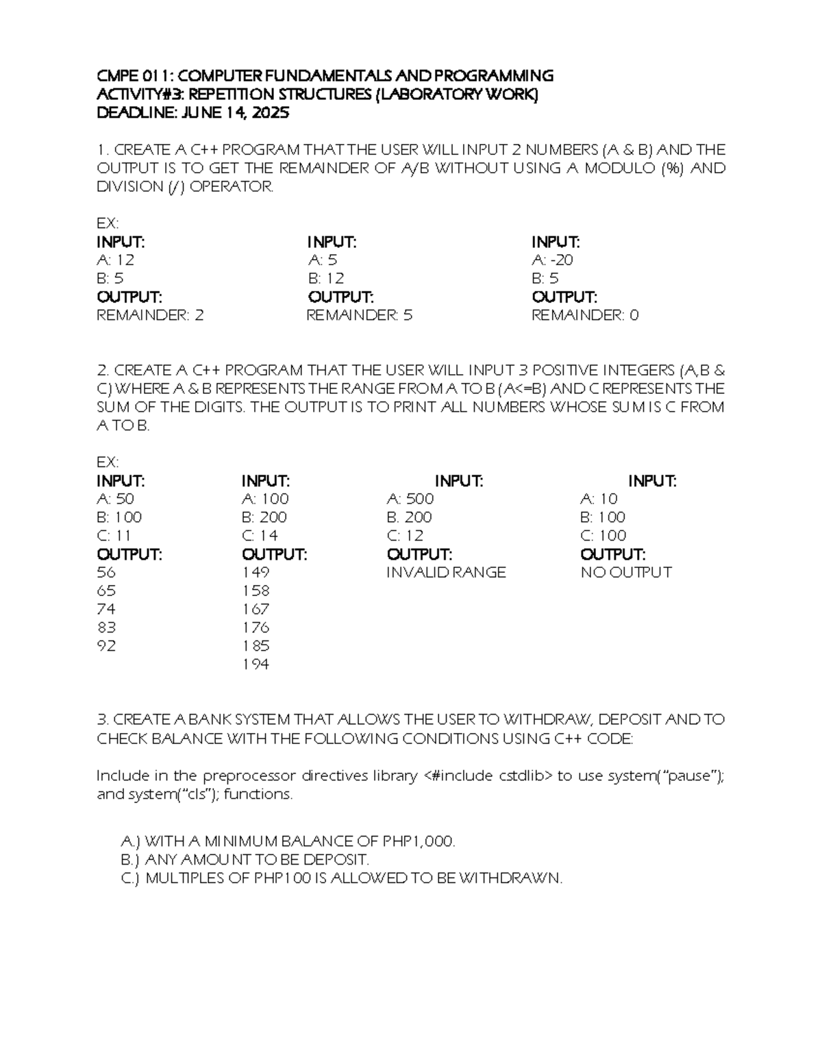 CMPE 011: LAB WORK ON REPETITION STRUCTURES IN PROGRAMMING - Studocu