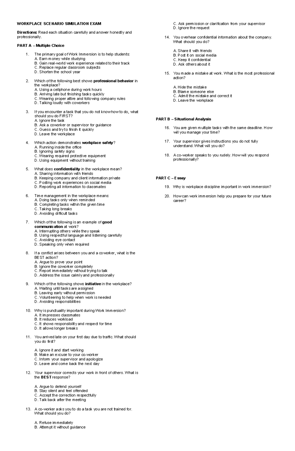 Workplace Scenario Simulation Exam: Key Concepts & Situations - Studocu