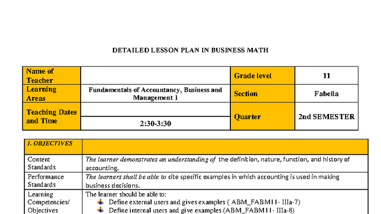 DETAILED LESSON PLAN: EXTERNAL & INTERNAL USERS IN BUSINESS MATH - Studocu