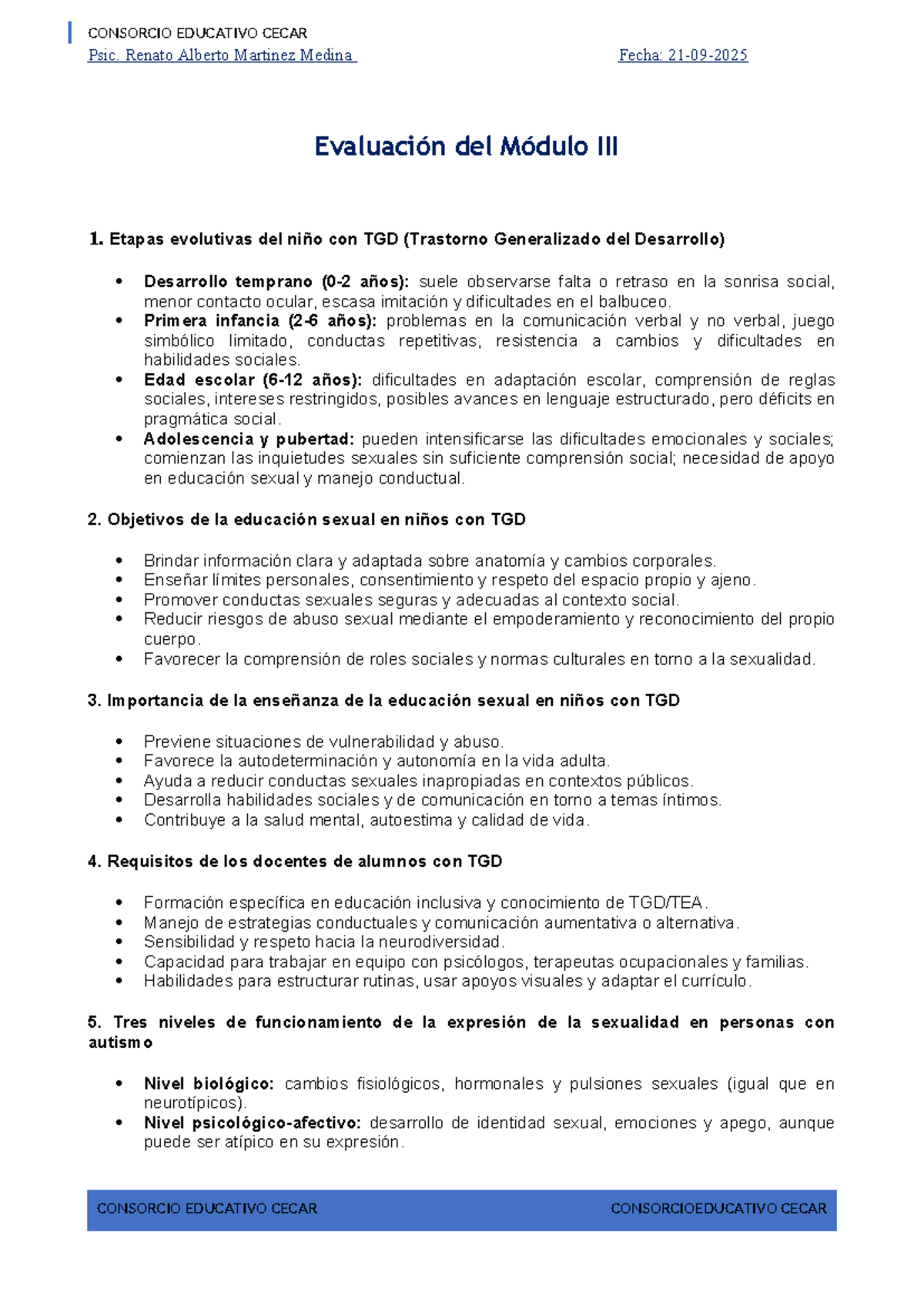Autismo: Examen Módulo 3 - Evaluación y Estrategias Educativas - Studocu