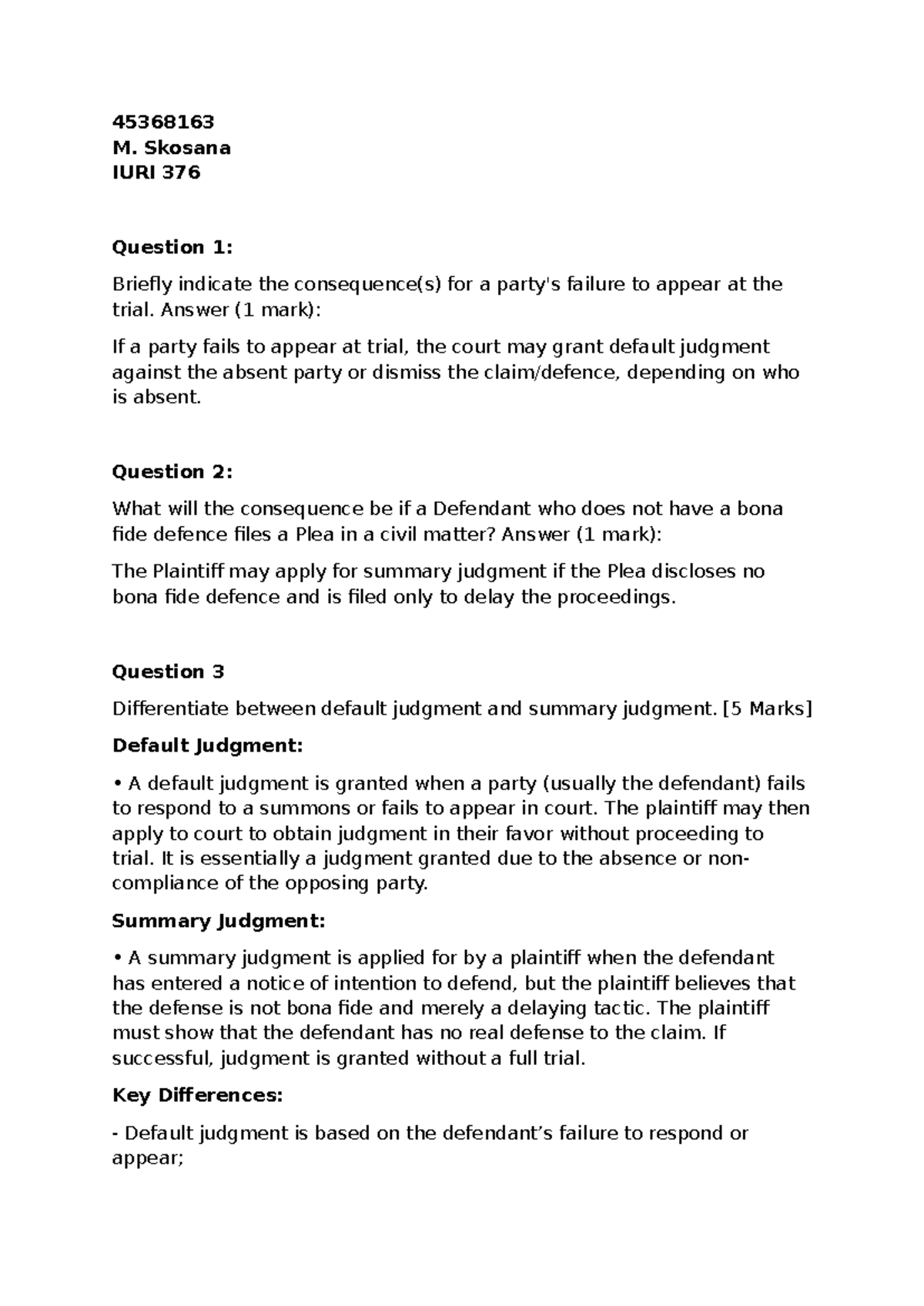 IURI 376 Civil Procedure SU10: Default & Summary Judgment Insights - Studocu