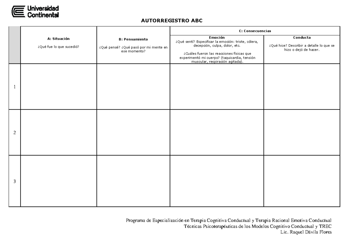 Registro ABC - Programa de Especialización en Terapia Cognitiva Conductual y Terapia Racional ...