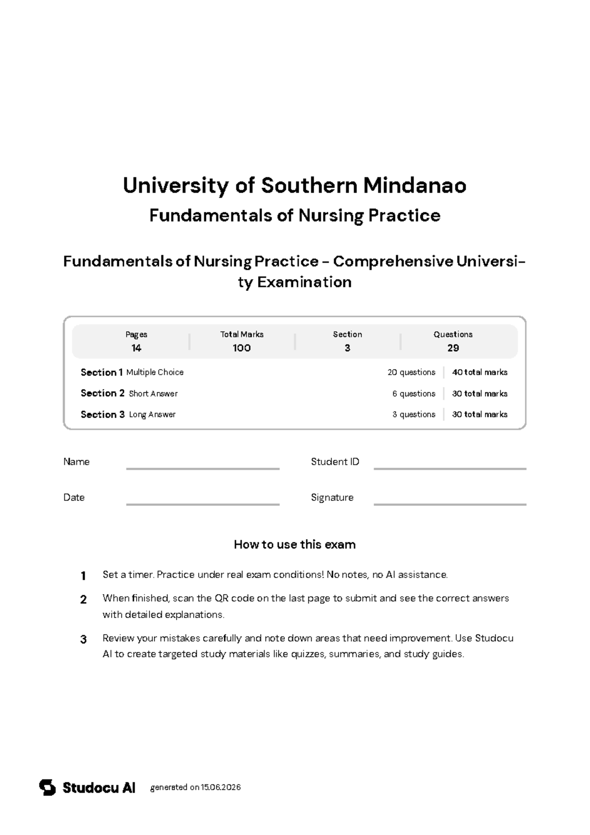 Fundamentals of Nursing Practice - Comprehensive Exam - Studocu