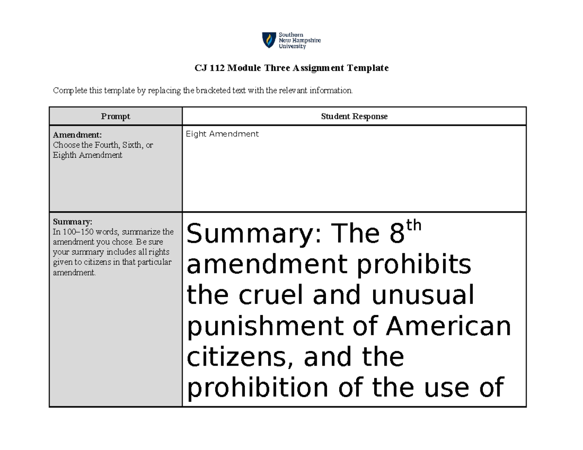 CJ 112 Module 3 Assignment: Summary of the Eighth Amendment - Studocu