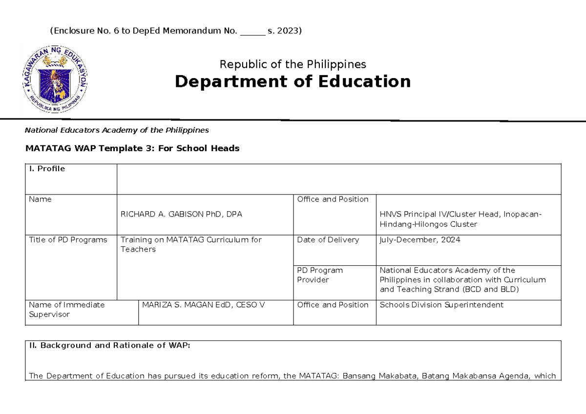 MATATAG Workplace Application Plan for School Heads (WAP Template 3 ...