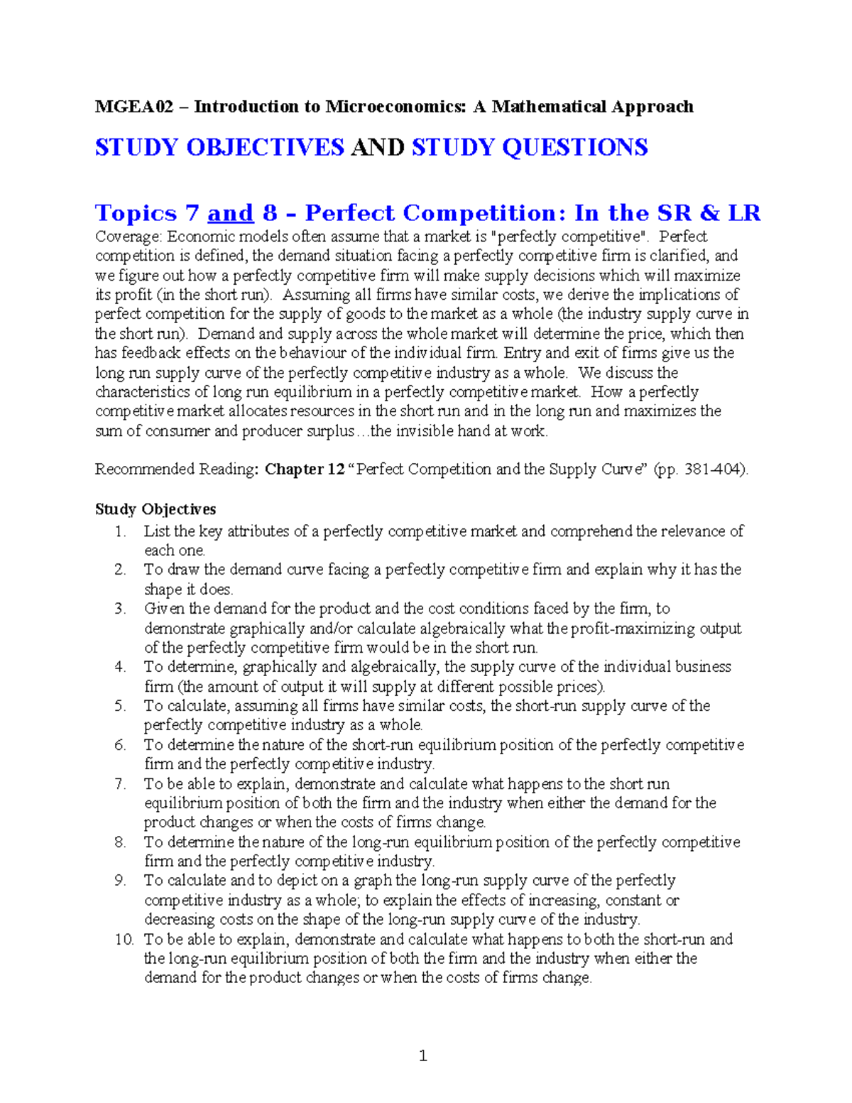 A02 Study Questions: Perfect Competition in Microeconomics Topics 7 & 8 ...