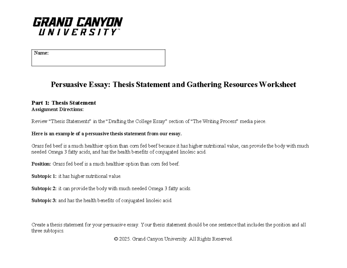 PHI105 T3 Persuasive Essay Thesis Statement & Resource Worksheet - Studocu