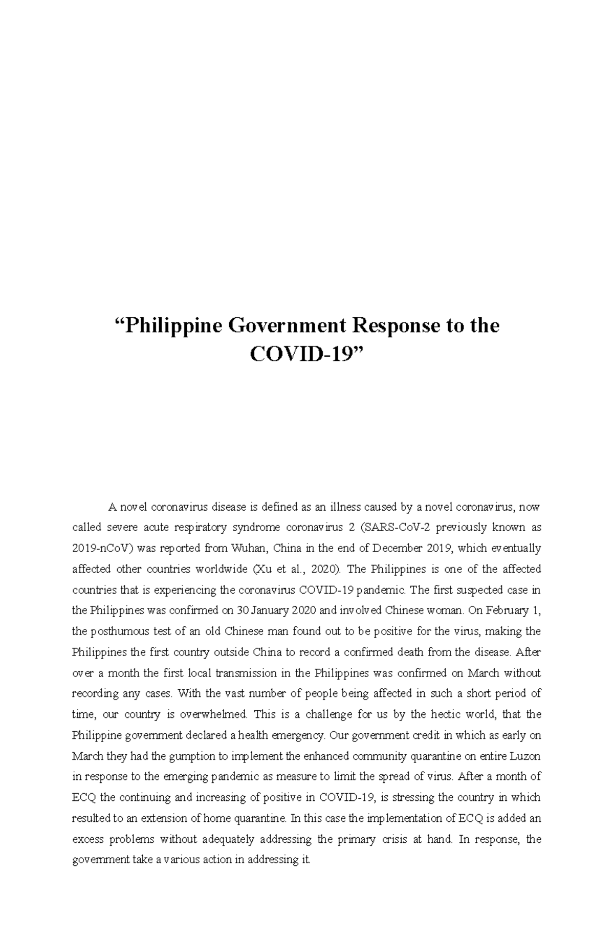 Analysis Paper - “Philippine Government Response to the Covid-19 ...
