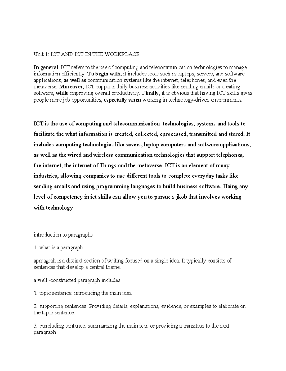 Unit 1: Understanding ICT and Its Role in the Workplace - Studocu