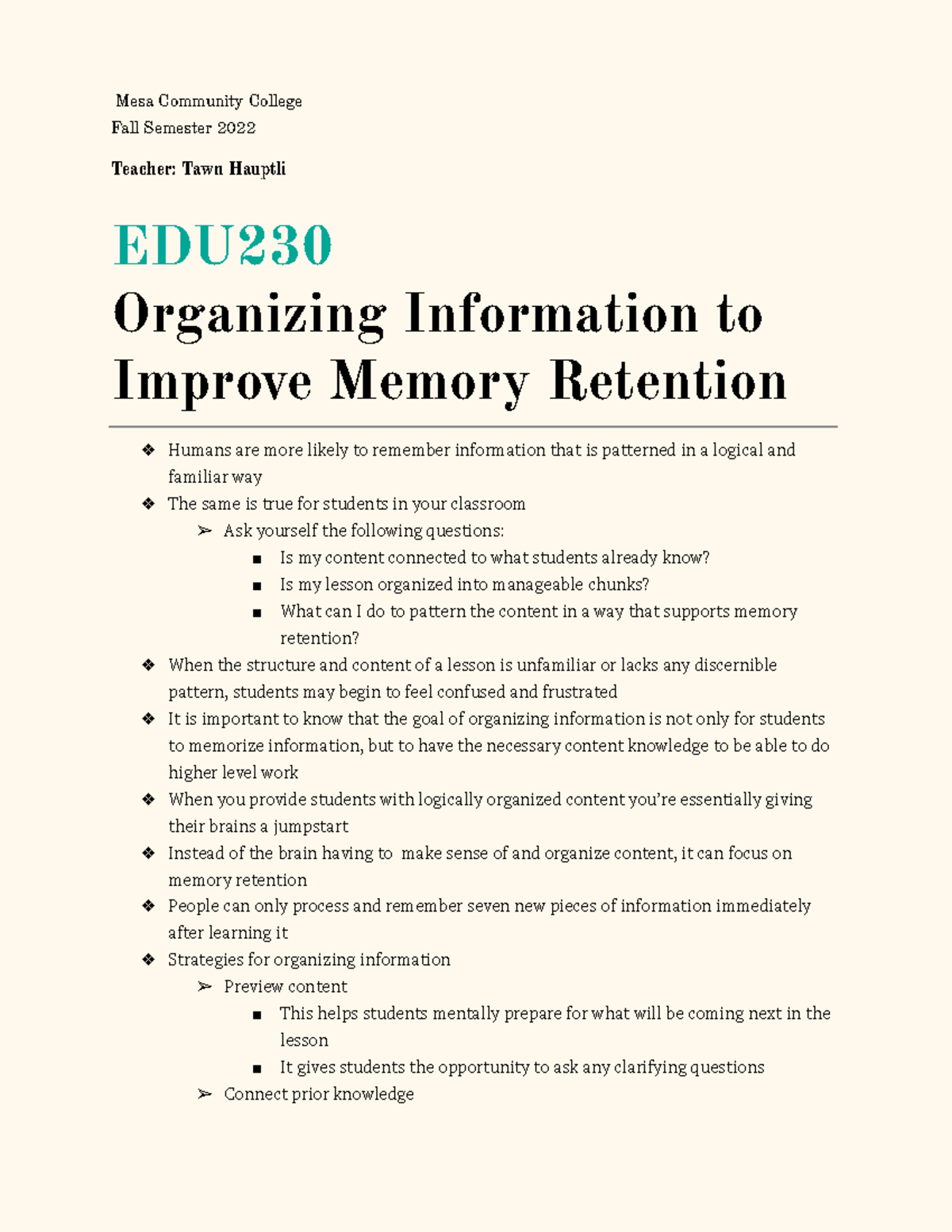 Inspire 29 - Notes corresponding to Organizing Imformation to Improve ...