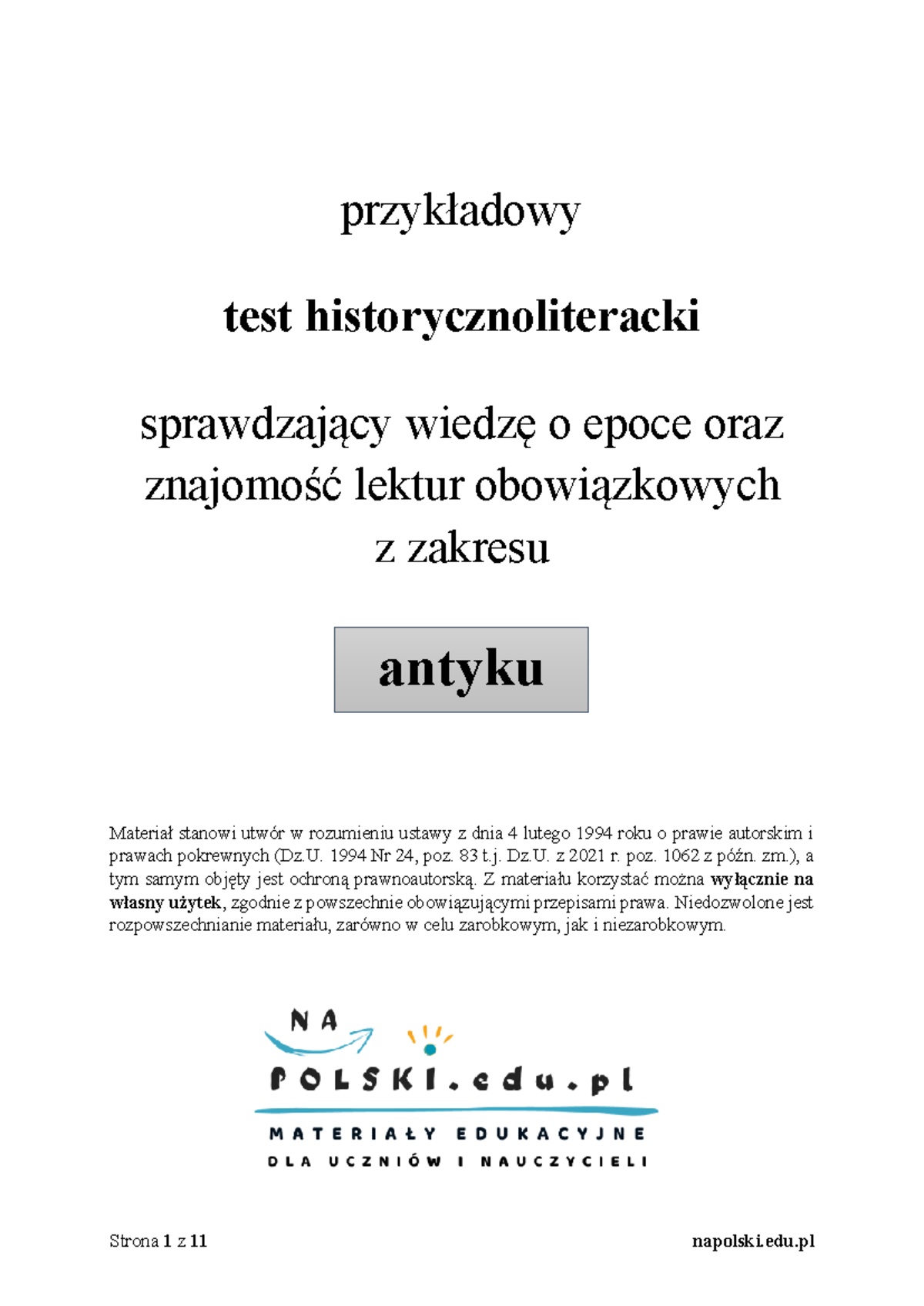 Antyk - Test Historycznoliteracki 2: Wiedza o Epoce i Lekturach - Studocu