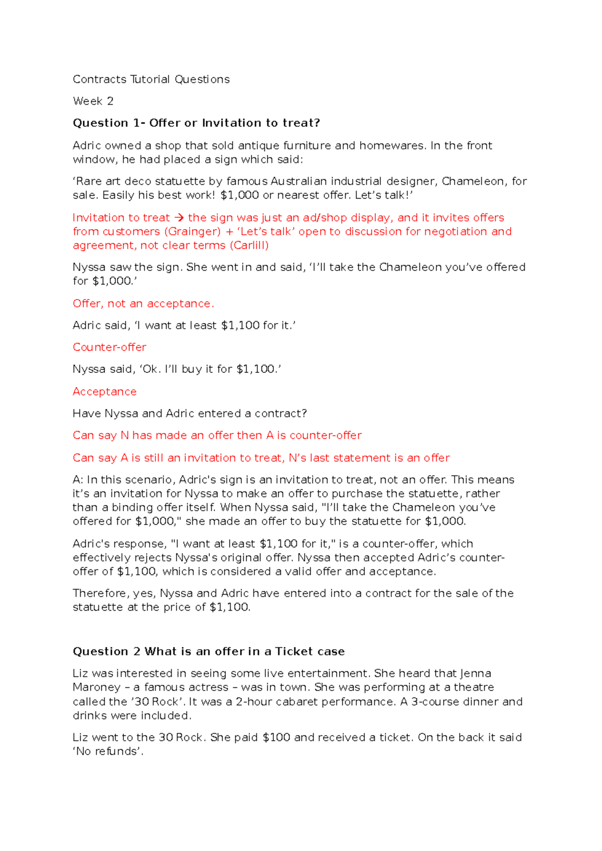 tut Questions 2 - Contracts Tutorial Questions Week 2 Question 1- Offer or Invitation to treat ...