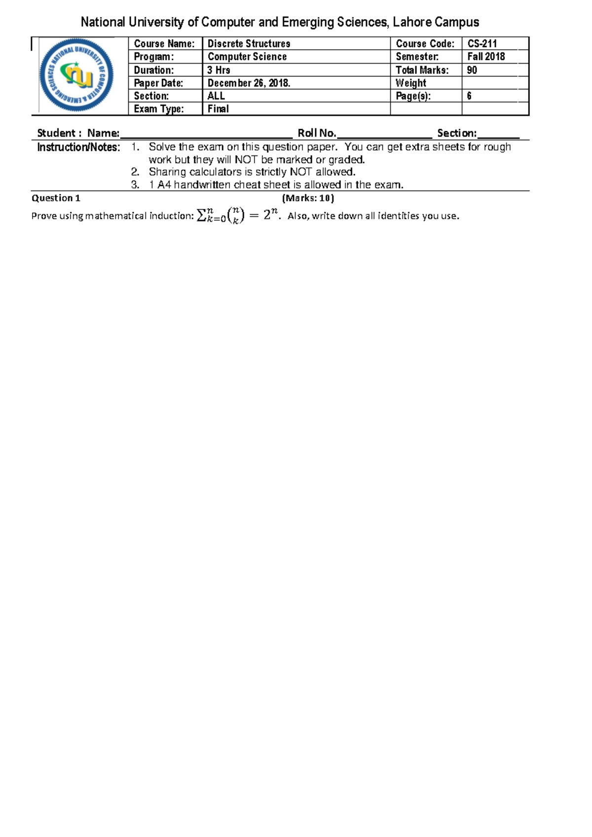 2018 - Final Exam - Fall 2018 - Discrete Structures - Past Papers - Studocu