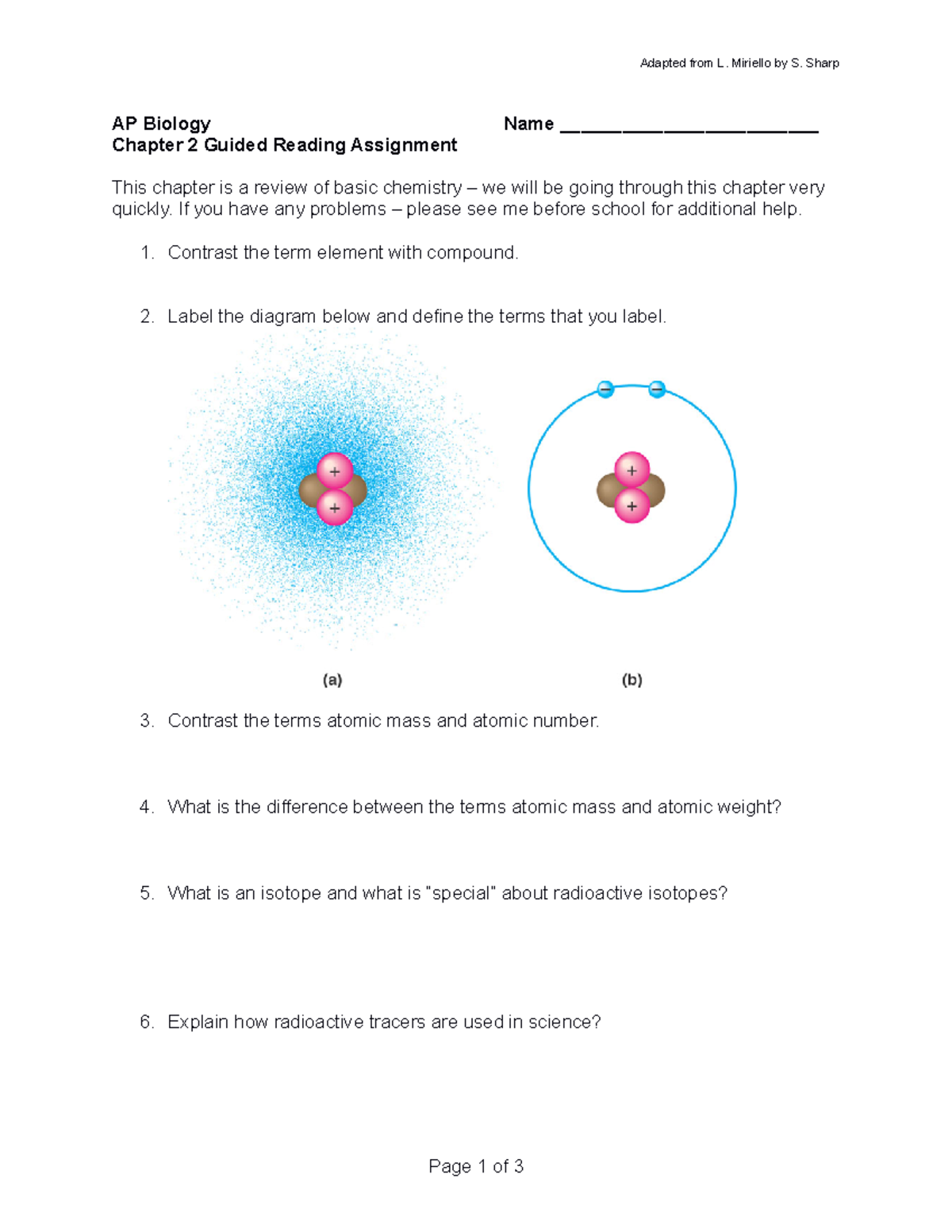 AP Biology Ch 2 Guided Reading Assignment: Chemistry Basics - Studocu