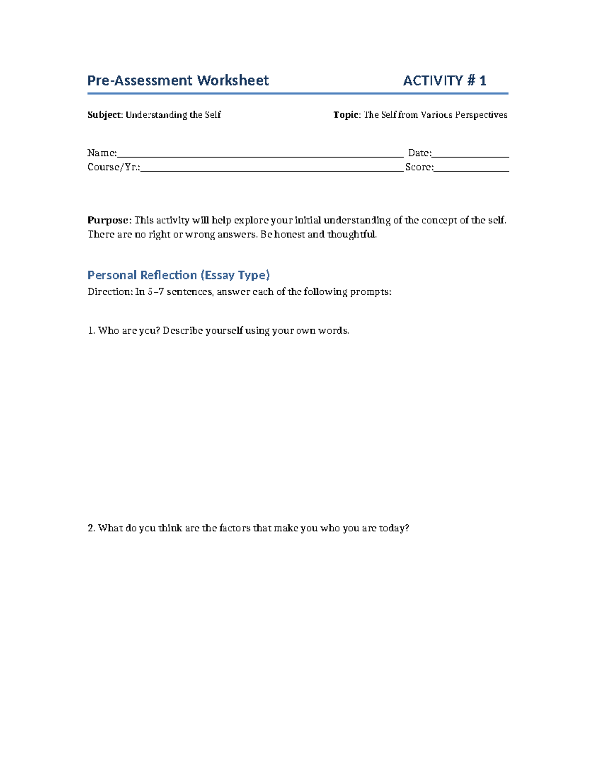 Pre-Assessment Worksheet: Understanding the Self Perspectives - Studocu