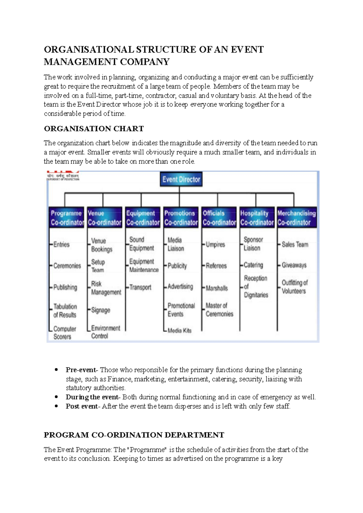 Event Management Overview: Unit 2 - Organizational Structure and ...