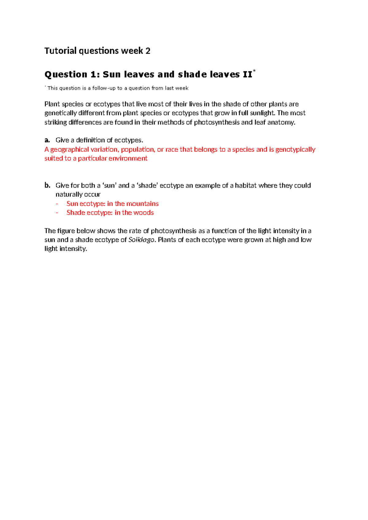 Tutorial Questions Week 2 2024: Photosynthesis and Plant Metabolism ...
