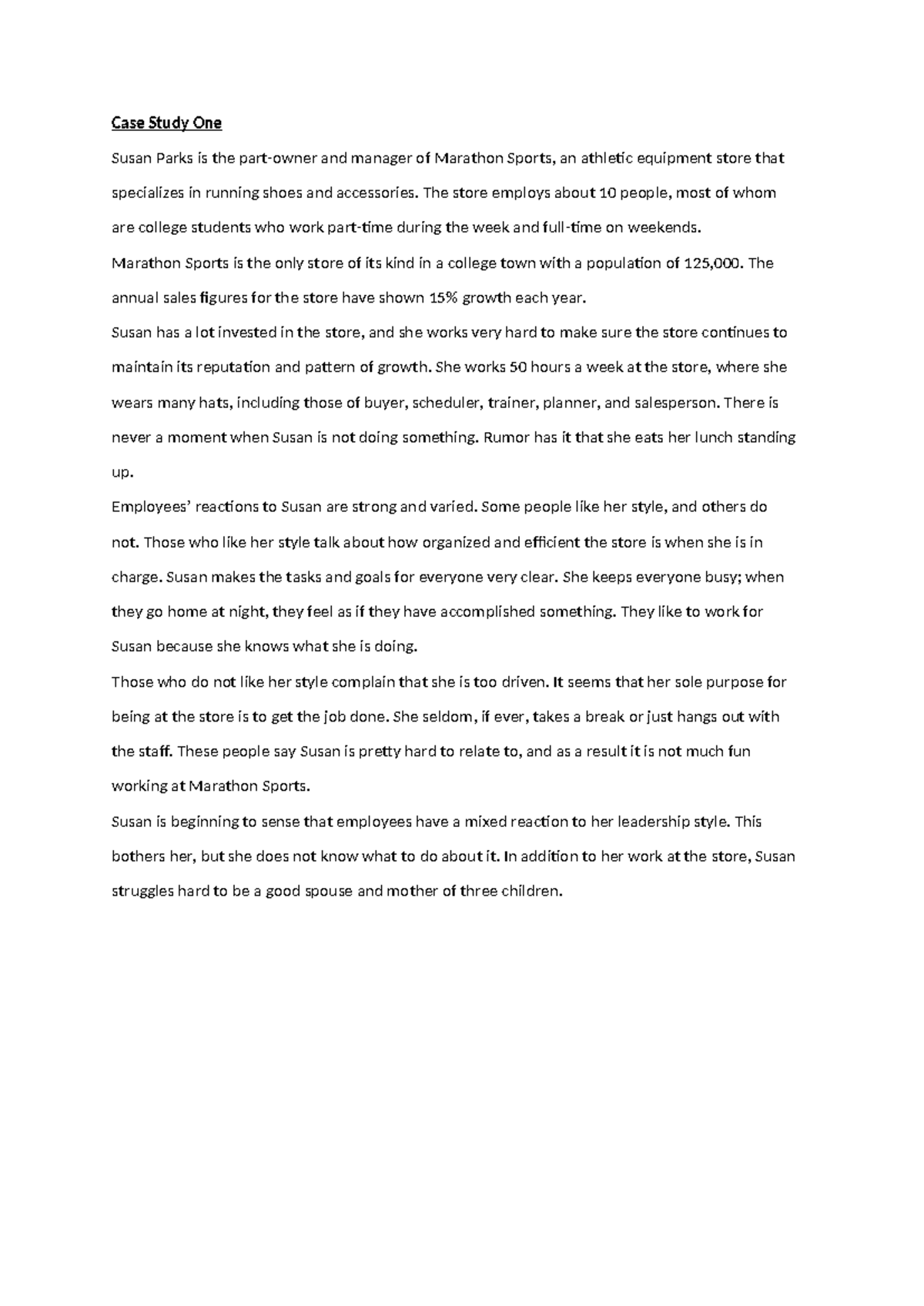 Case Study 1: Leadership Challenges at Marathon Sports - Studocu
