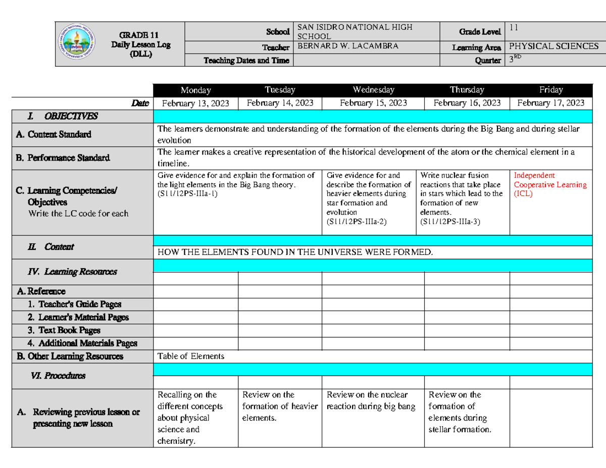 DLL IN PS 12 - Daily Lesson Log for Physical Science Grade 11 - Studocu