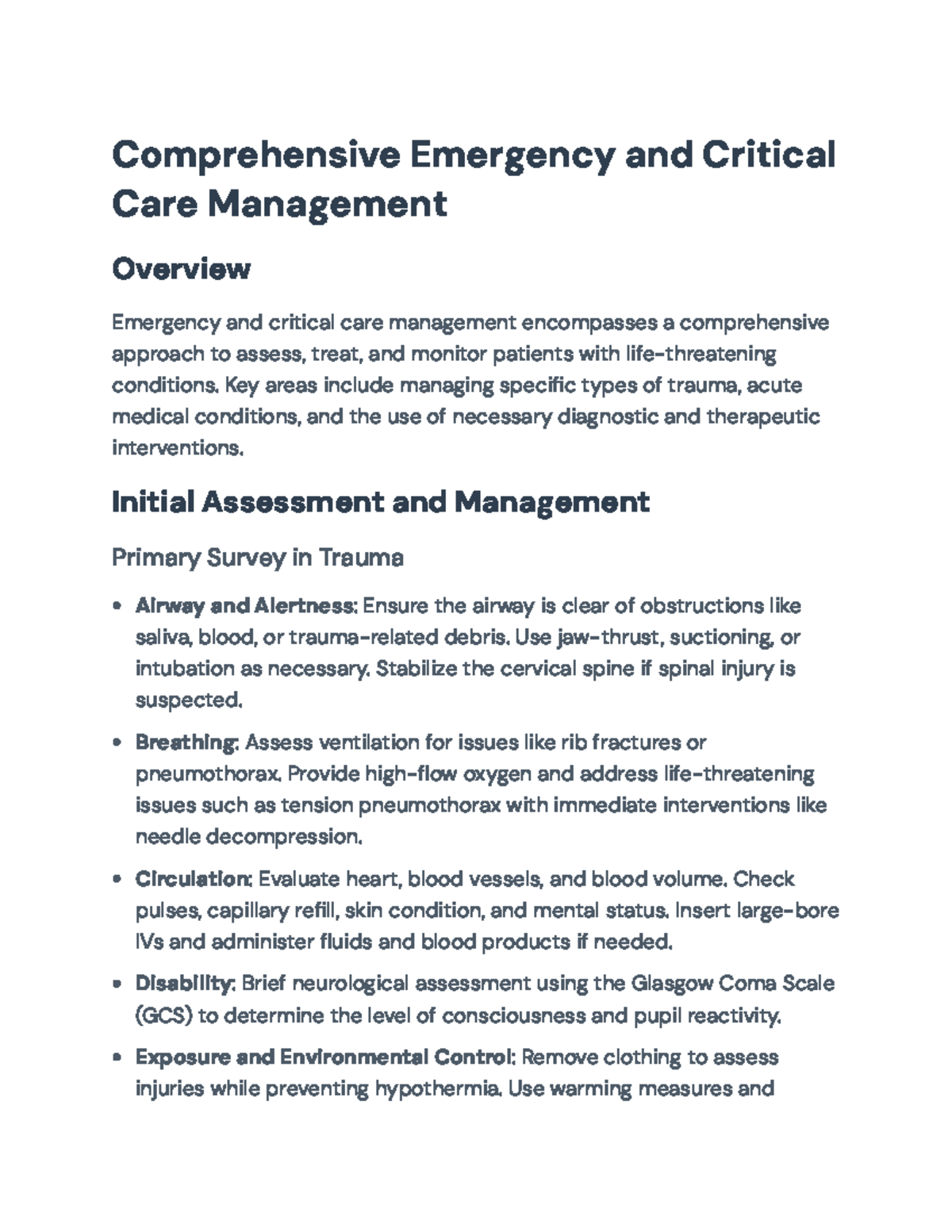 Comprehensive Overview of Emergency & Critical Care Management - Studocu