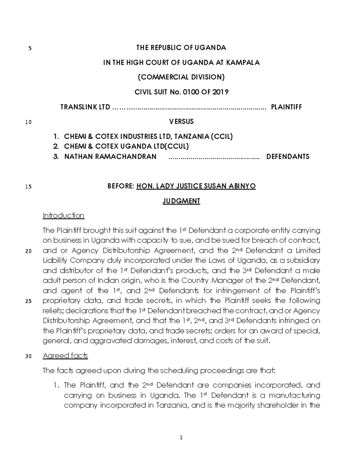 Translink Ltd v Chemi Cotex Ind. Ltd & Others - Civil Suit 100/19 ...