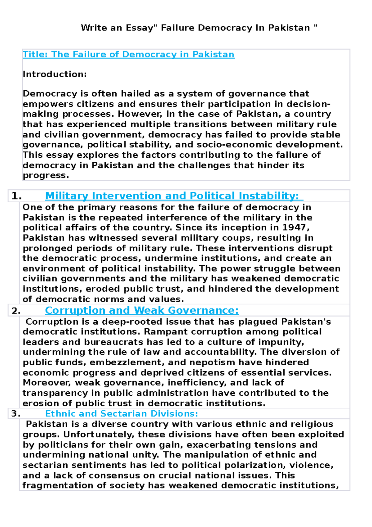 The Failure of Democracy in Pakistan: Causes & Challenges Essay - Studocu