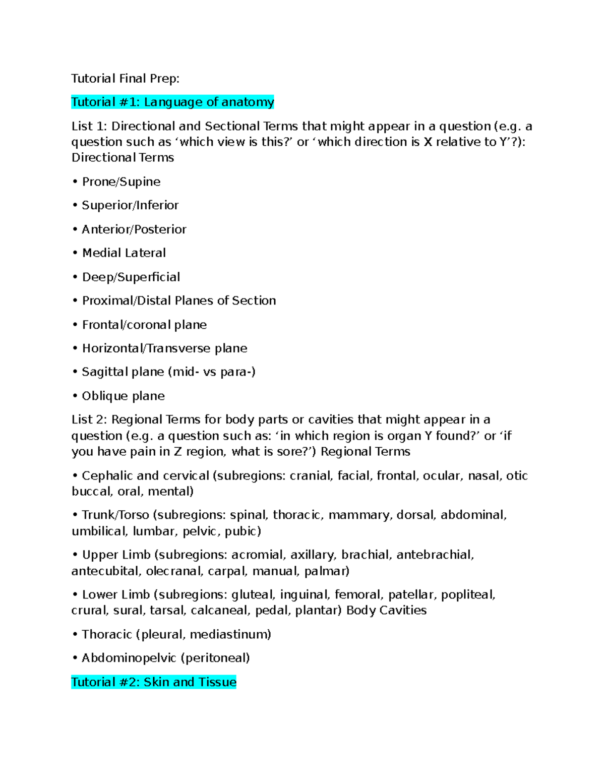BIOL 155 Tutorial Final Exam Prep: Anatomy Directional & Regional Terms ...