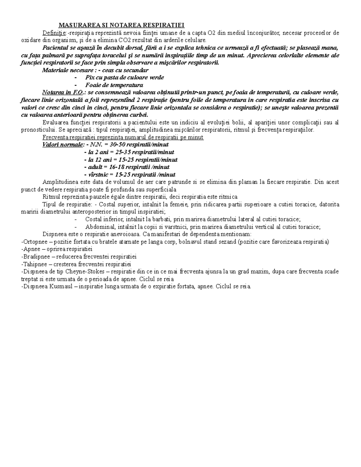 Masurarea și Notarea Funcției Respiratorii în Pacienți - Studocu