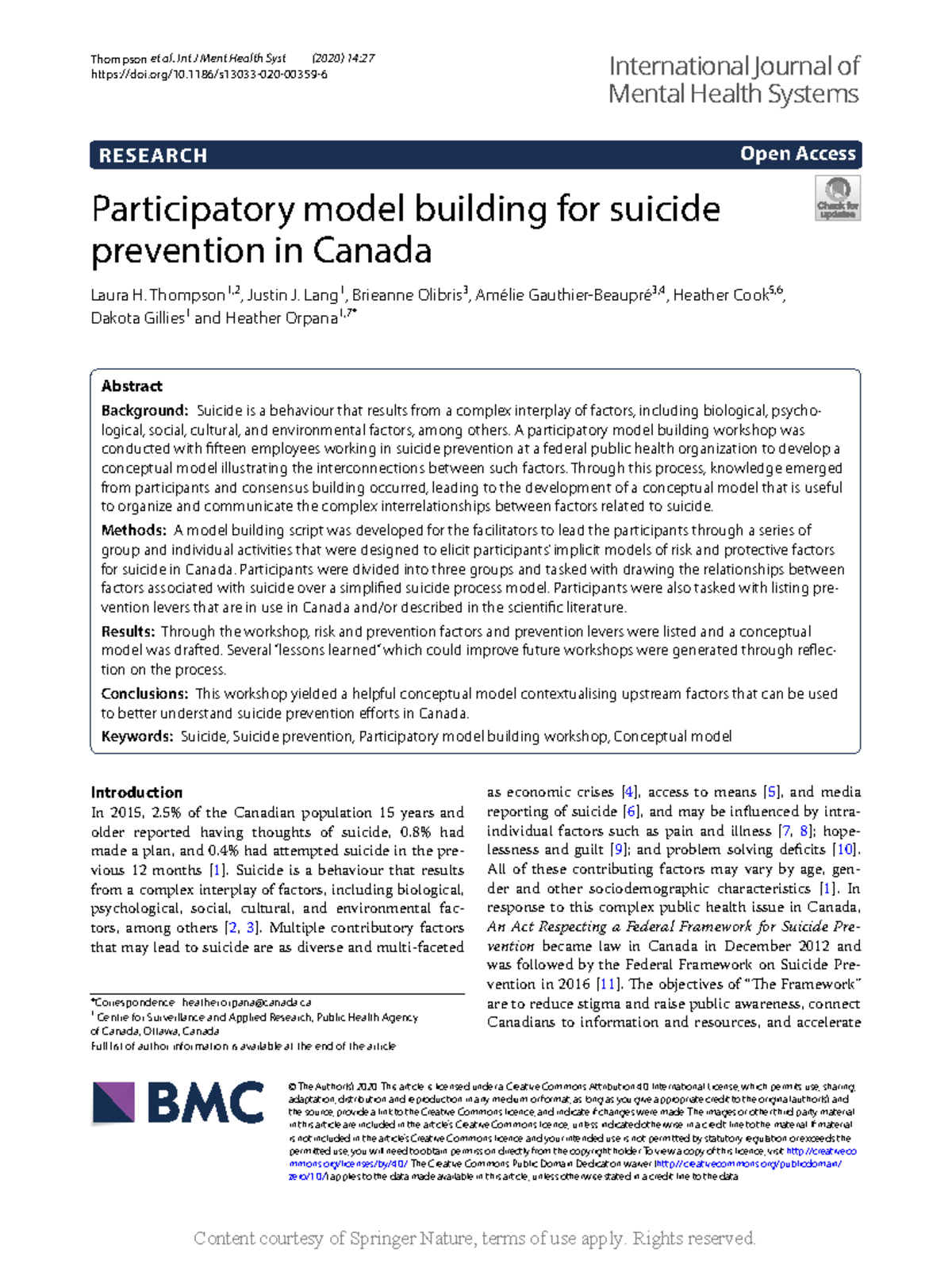 Participatory Model Building Workshop for Suicide Prevention in Canada ...