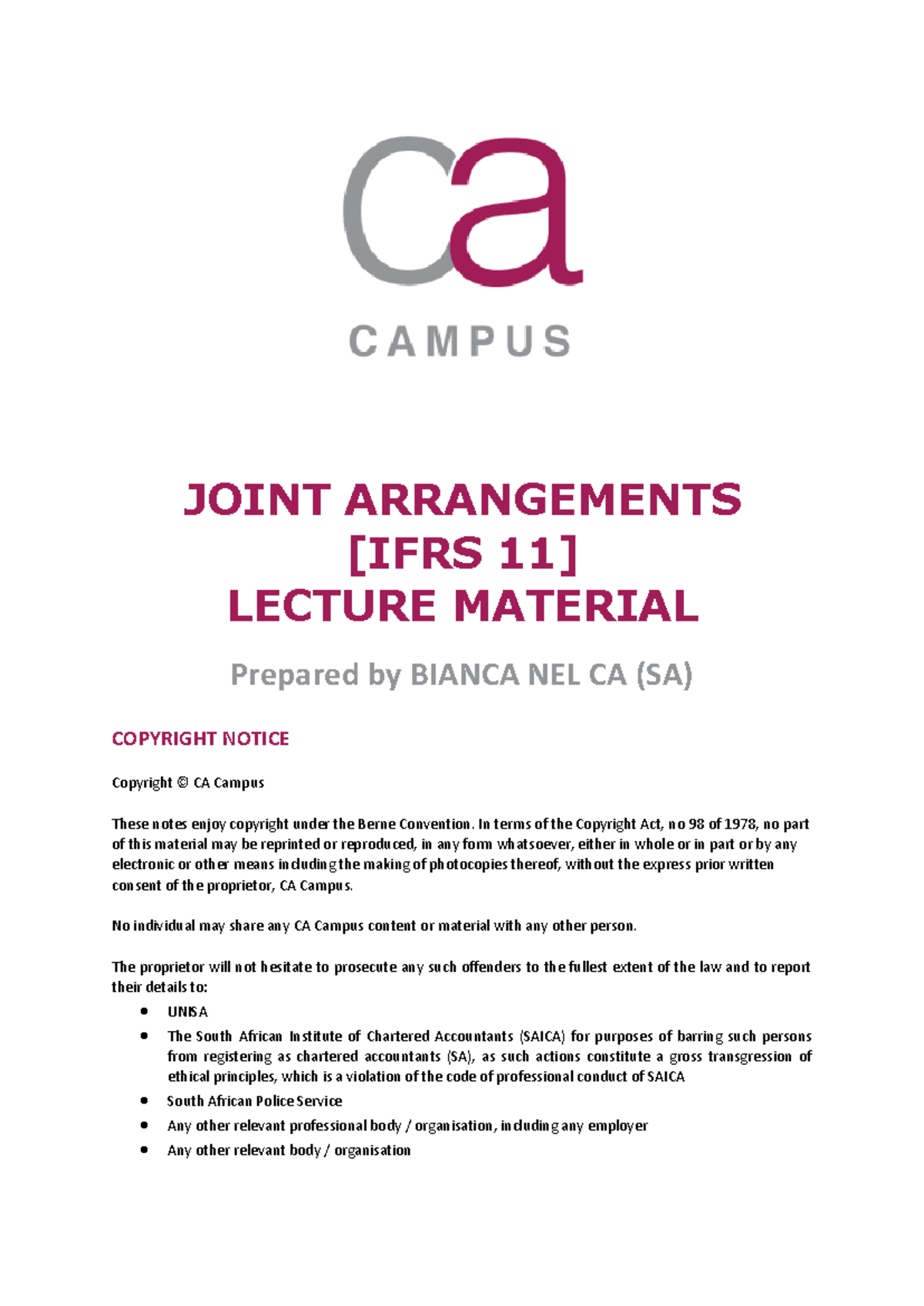 IFRS 11 - Joint Arrangements Lecture Notes for CA Students - Studocu