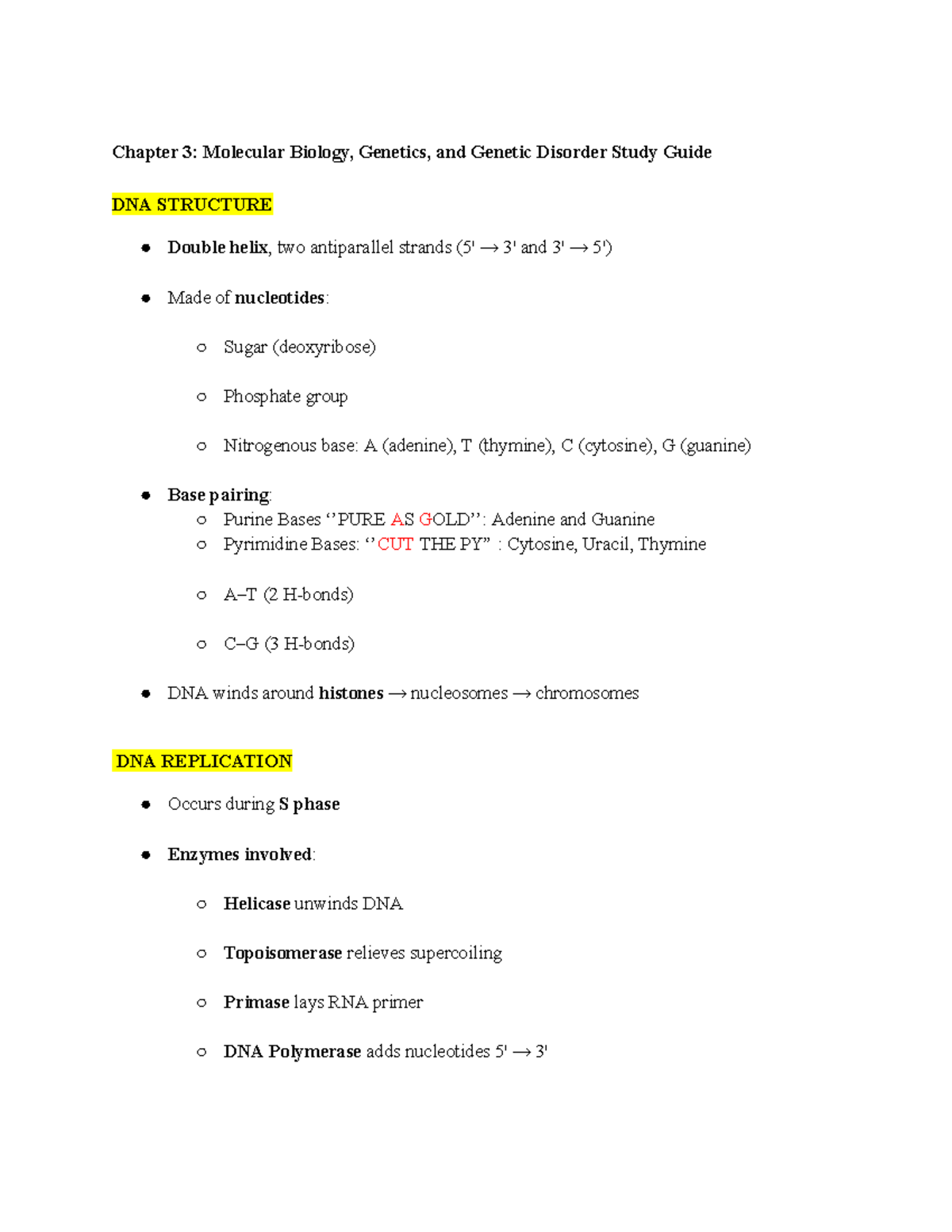 Chapter 3: Molecular Biology & Genetics Study Guide (Final Exam) - Studocu
