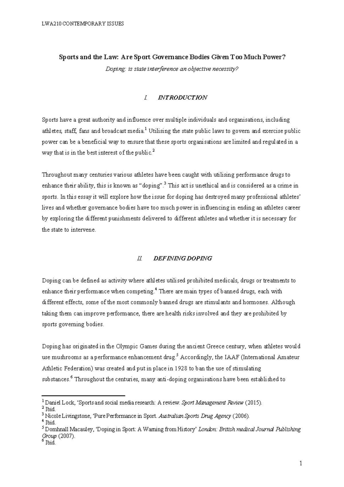 LWA210 Essay Notes: Power and Doping in Sports Governance - Studocu