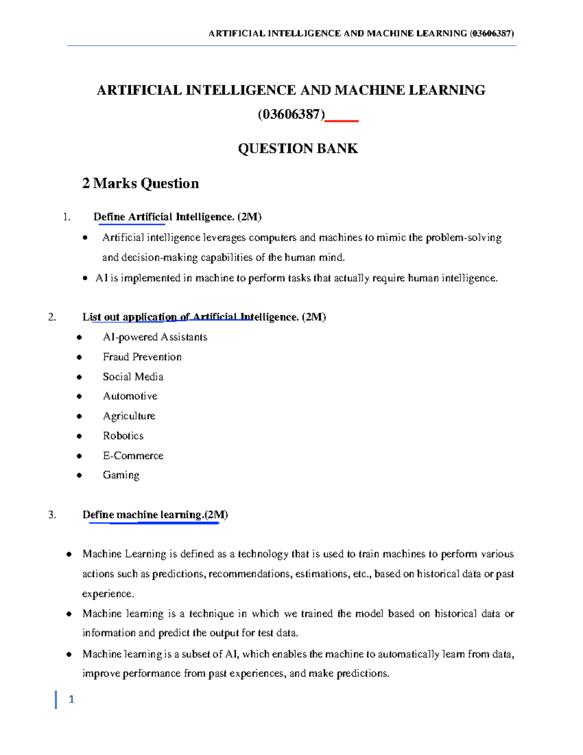 Question Bank for AI & ML (03606387) - Internal Exam Preparation - Studocu
