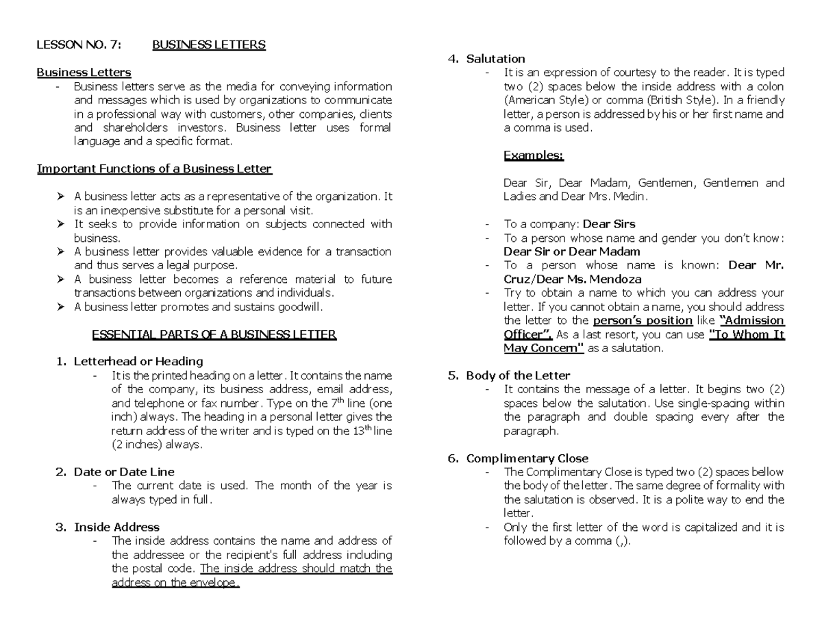 BUS 101: Lesson 7 - Understanding Business Letters and Formats - Studocu