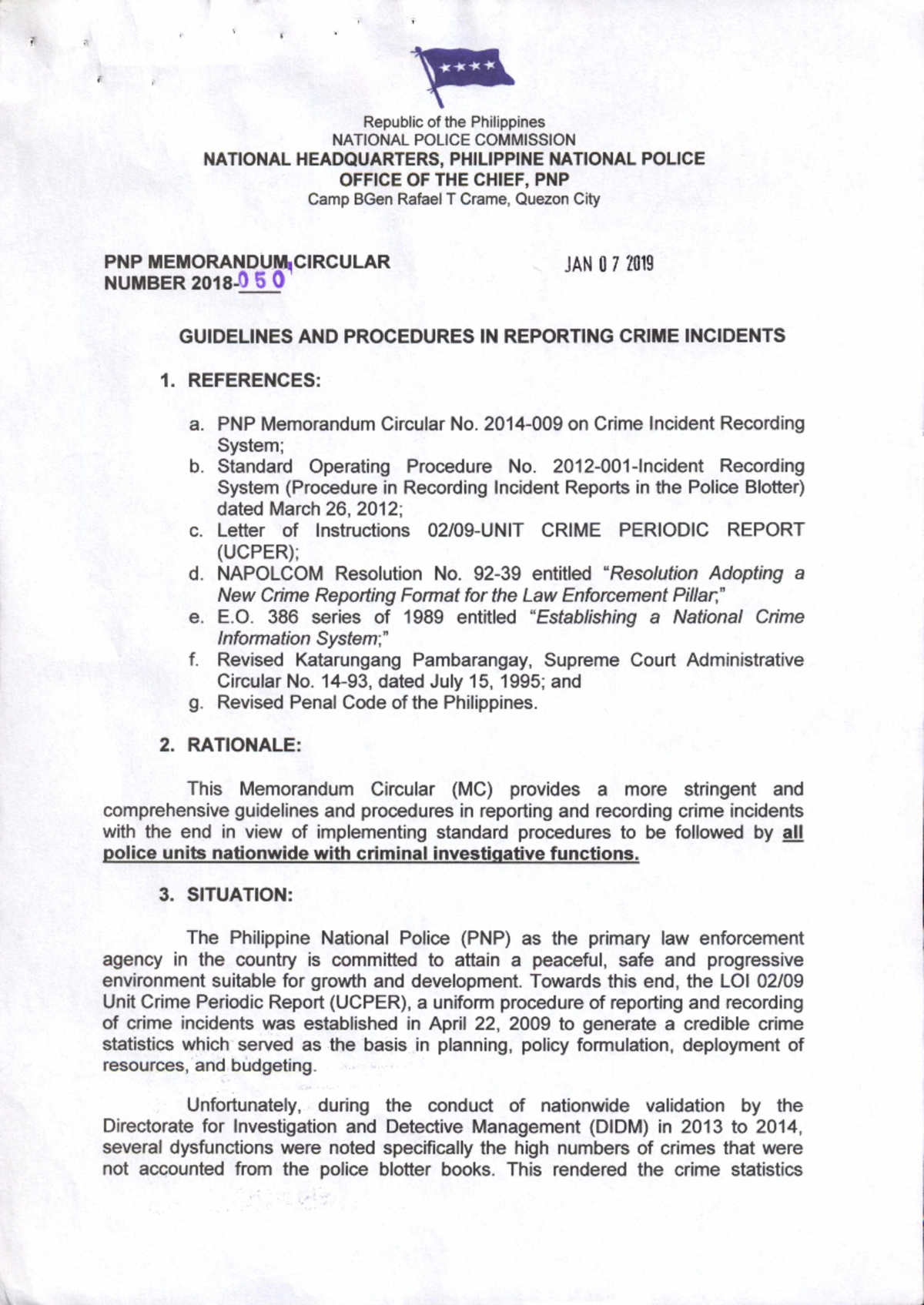 PNP Memorandum Circular 2018-050: Crime Reporting Guidelines - Studocu