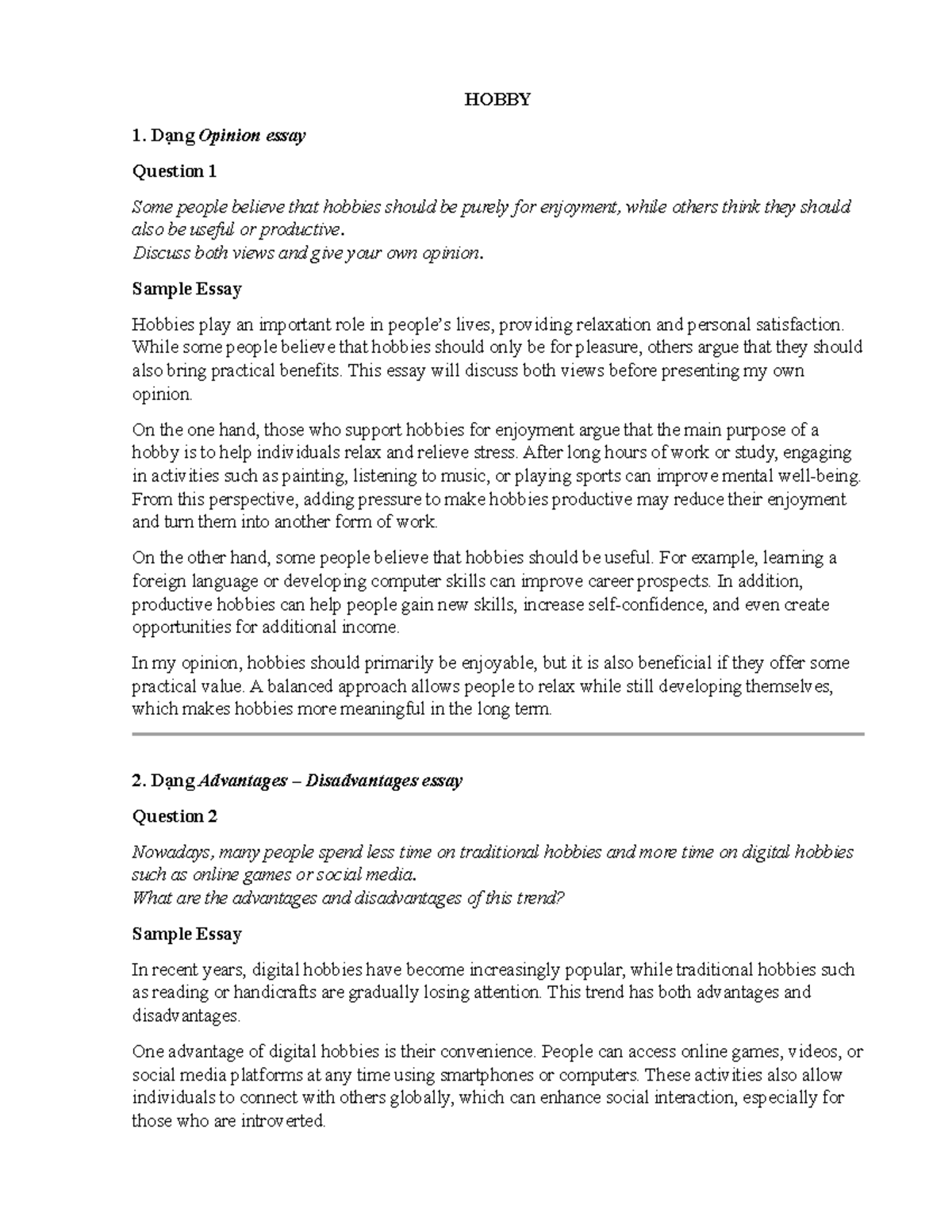 HOB 1. Opinion & Advantages/Disadvantages Essays on Hobbies - IELTS ...